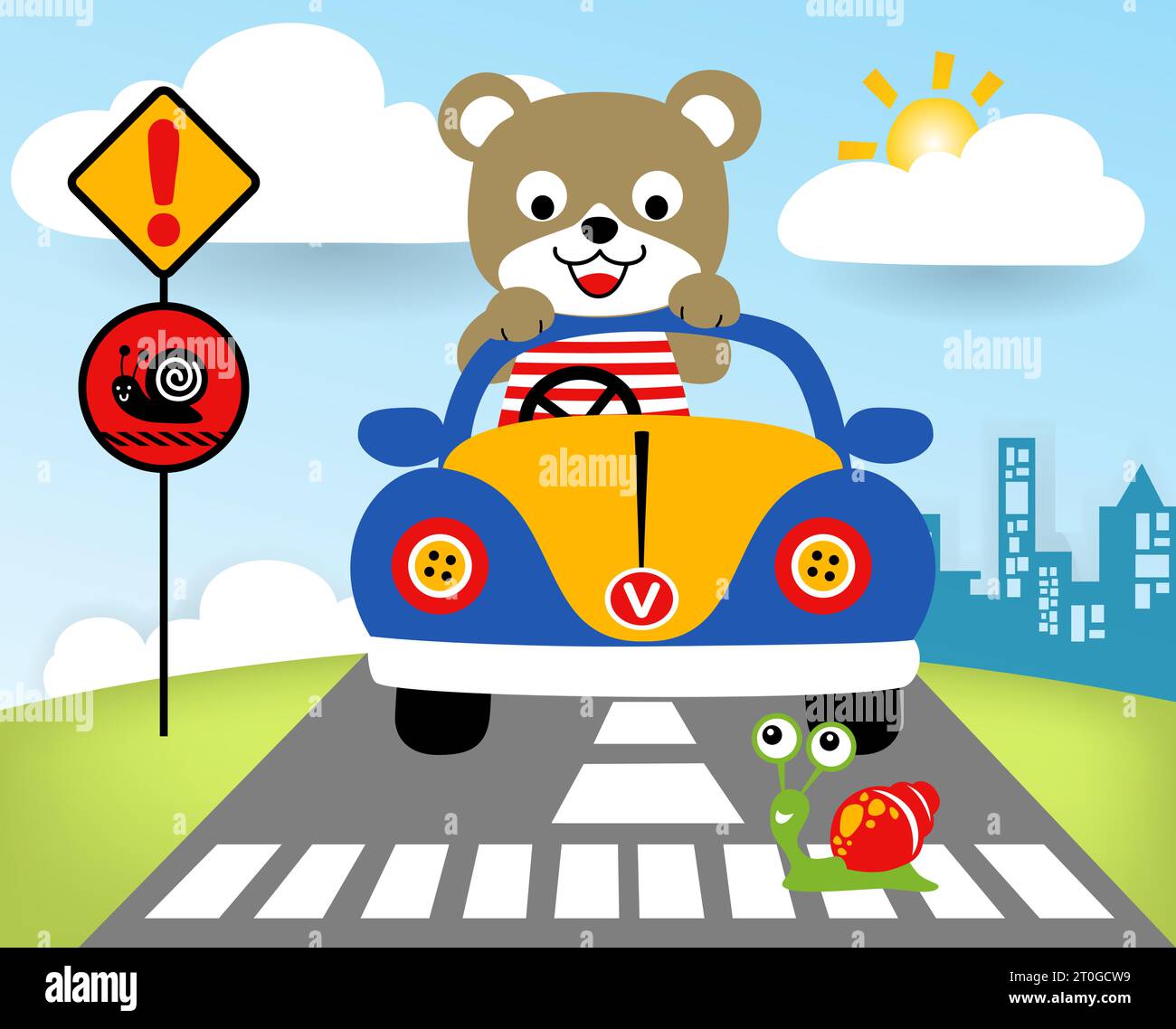 Cute bear on car, funny snail crossing city road, vector cartoon ...