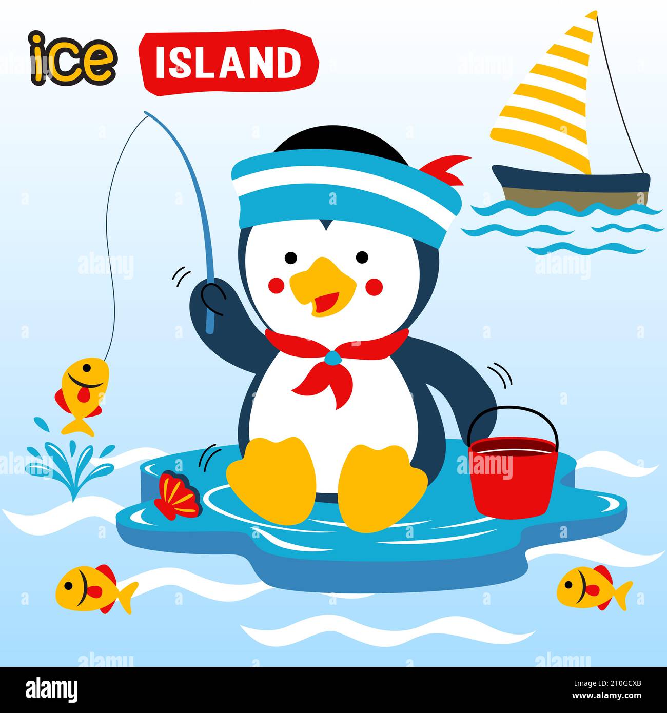 Cute penguin fishing, sailboat in the sea, vector cartoon illustration ...