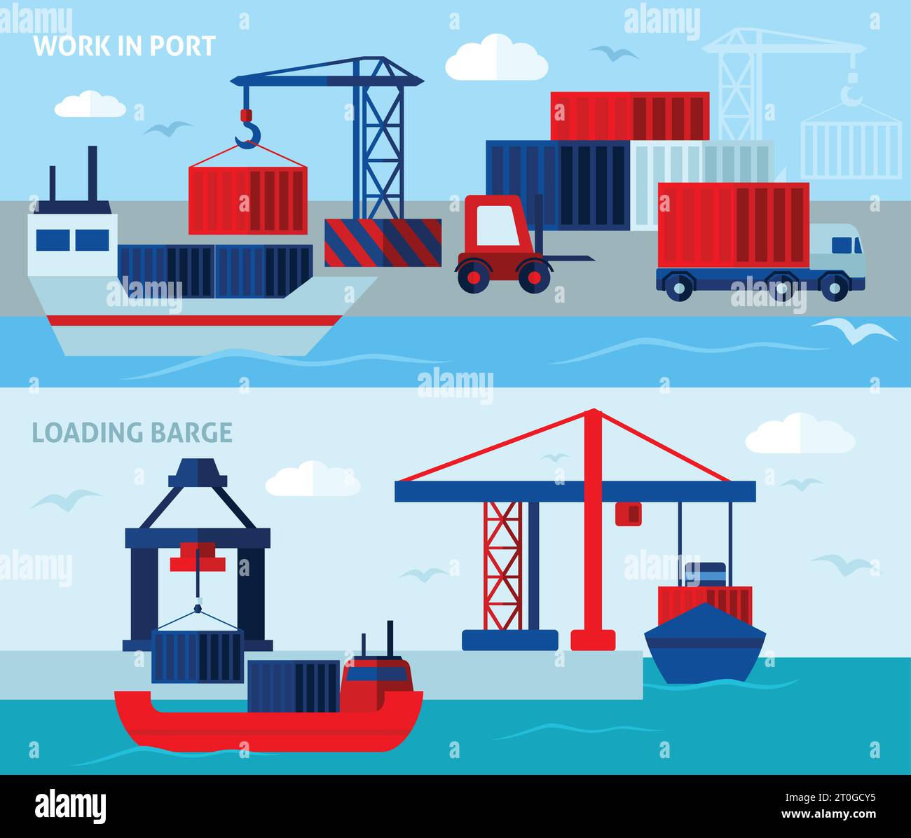 Flat color seaport horizontal banners illustrating work in port vector ...