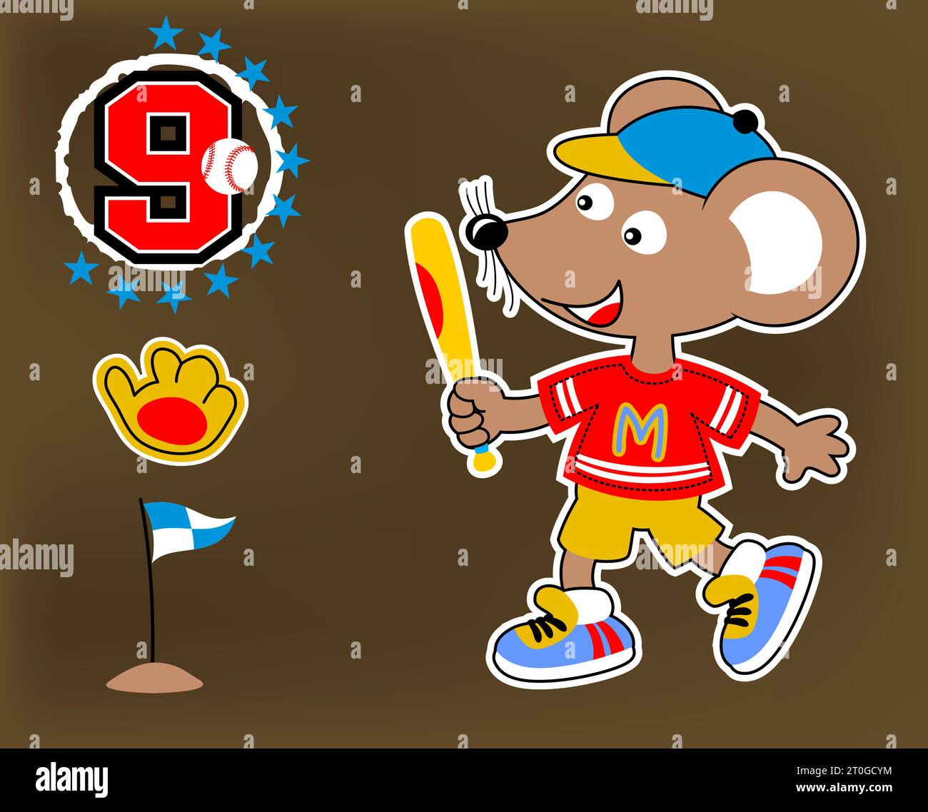Cute mouse playing baseball, baseball elements, vector cartoon ...