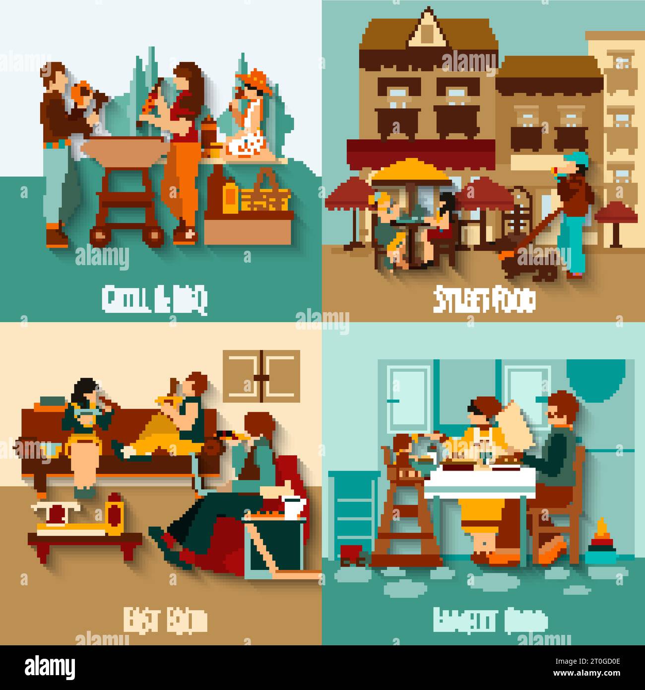 People eating out design concept set with street fast food flat icons ...
