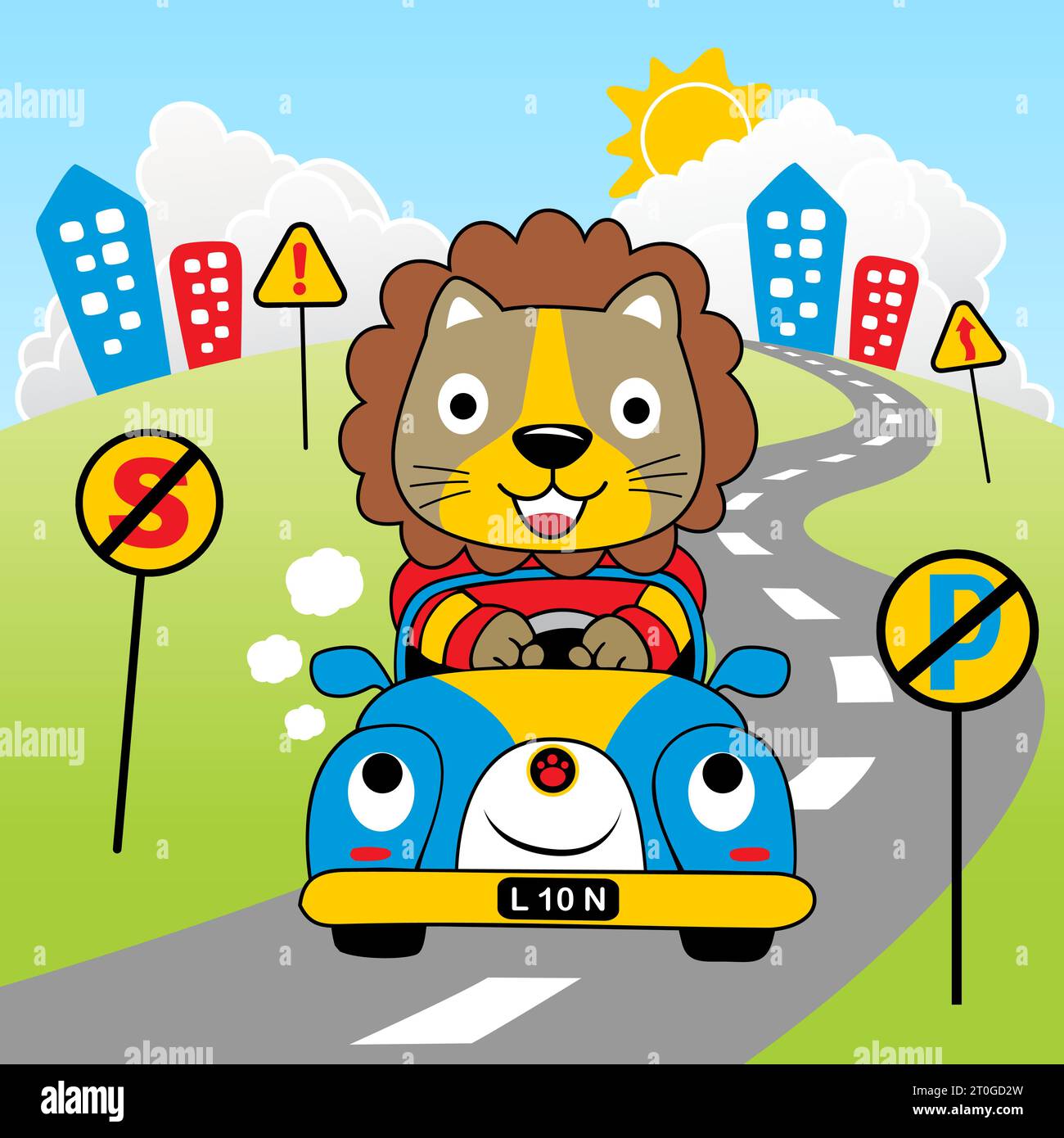 Cute lion driving car in city road, vector cartoon illustration Stock ...