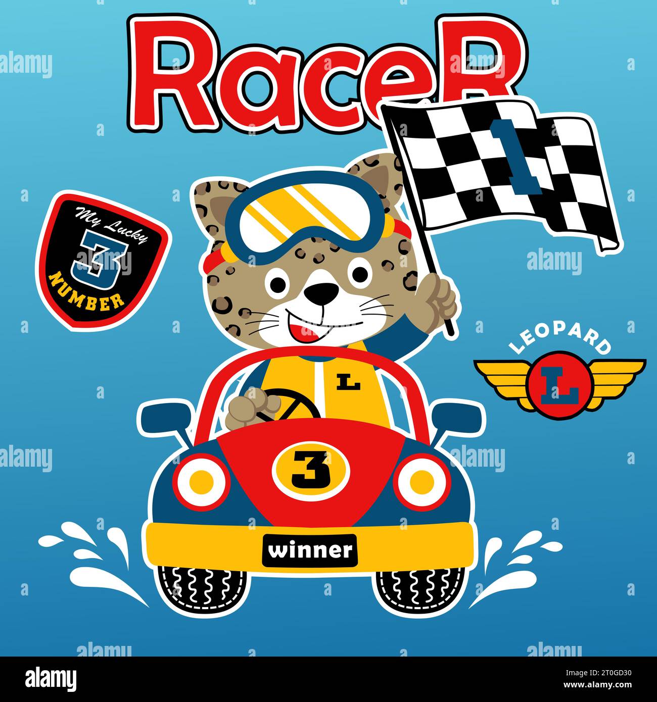 Funny leopard on racing car holding finish flag, racing car elements ...