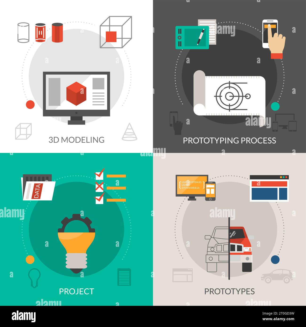 Prototyping and modeling design concept set with 3d project icons ...