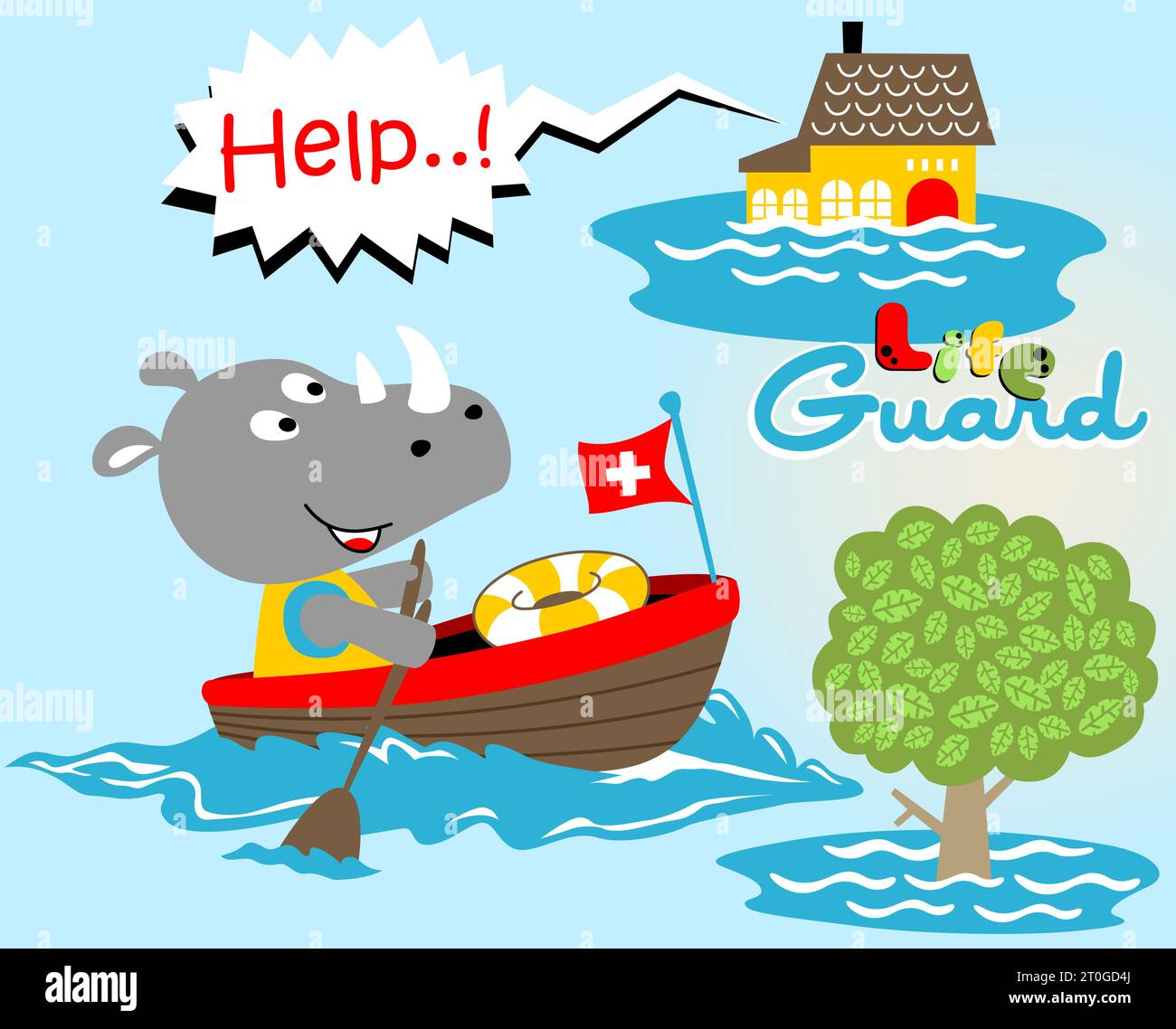 Cute rhinoceros the lifeguard on boat in rescue, vector cartoon ...