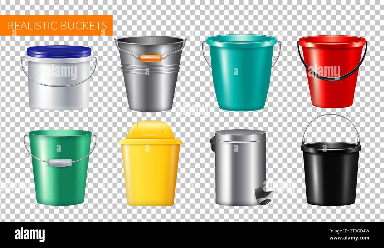 Realistic buckets transparent icon set with champagne metal bucket ...