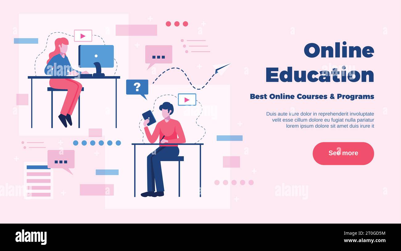 Online education website page design with online courses and programs symbols flat vector ...