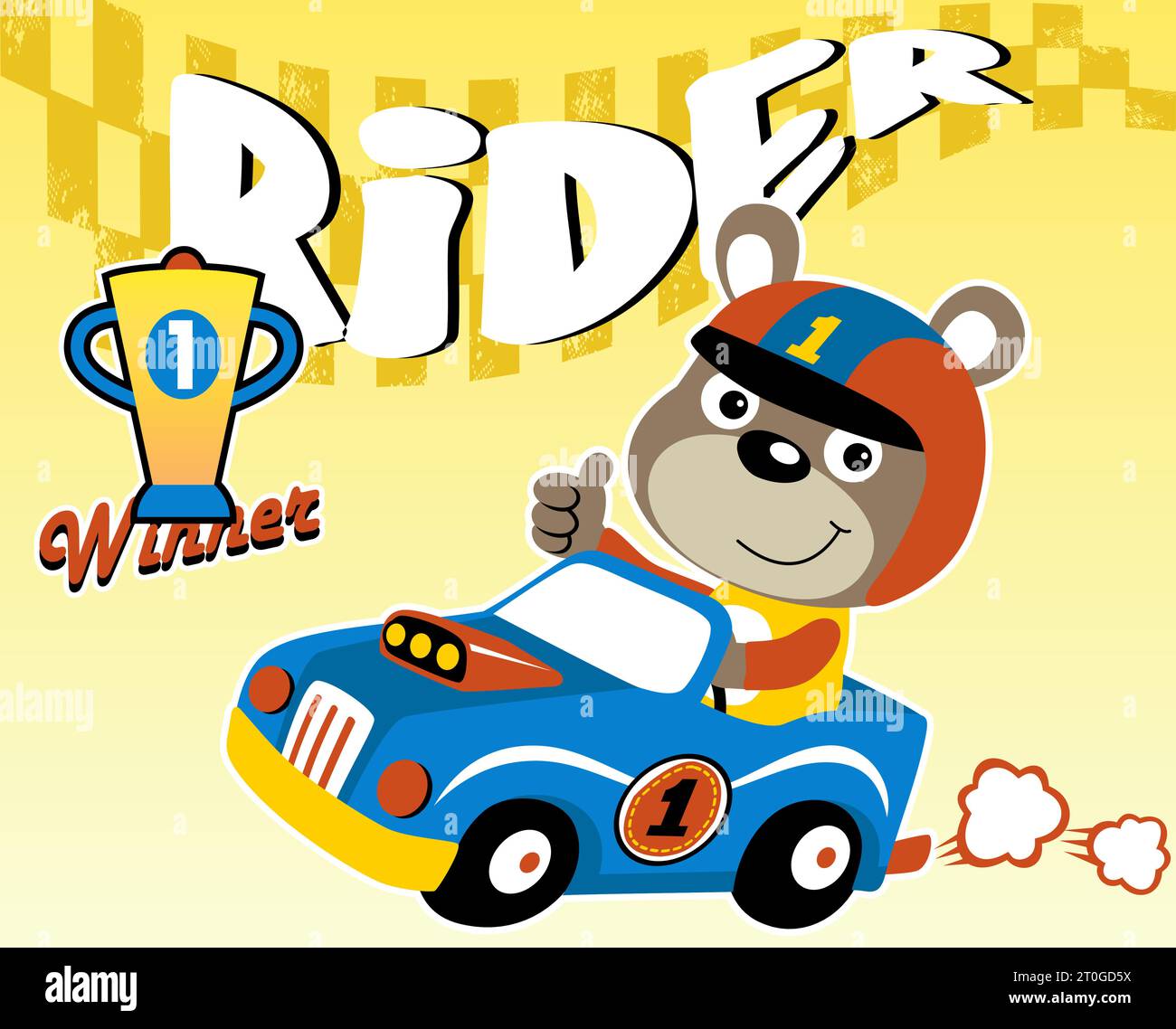 Funny bear on racing car with trophy, vector cartoon illustration Stock ...