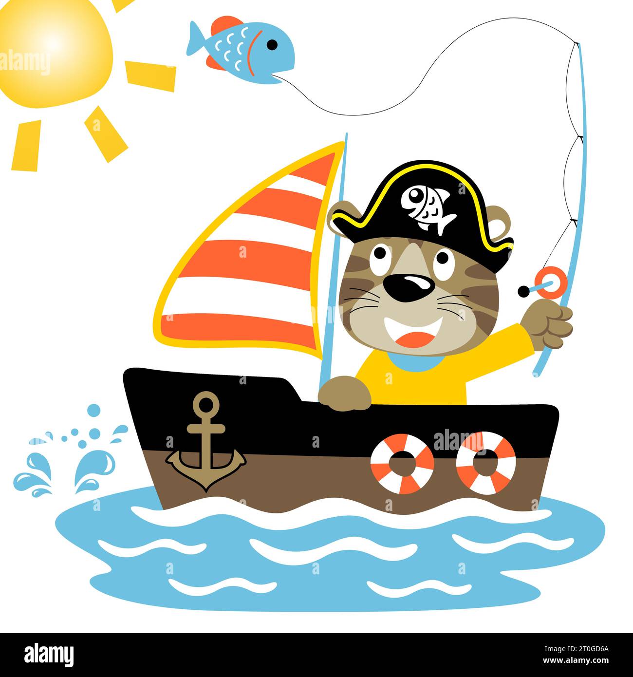 Funny cat in pirate costume fishing on boat, vector cartoon ...