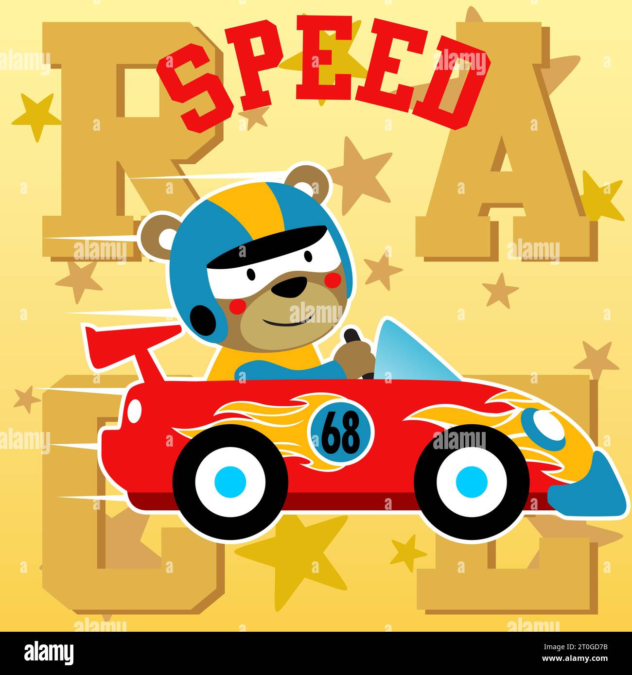 Funny bear on racing car on alphabet background, vector cartoon ...