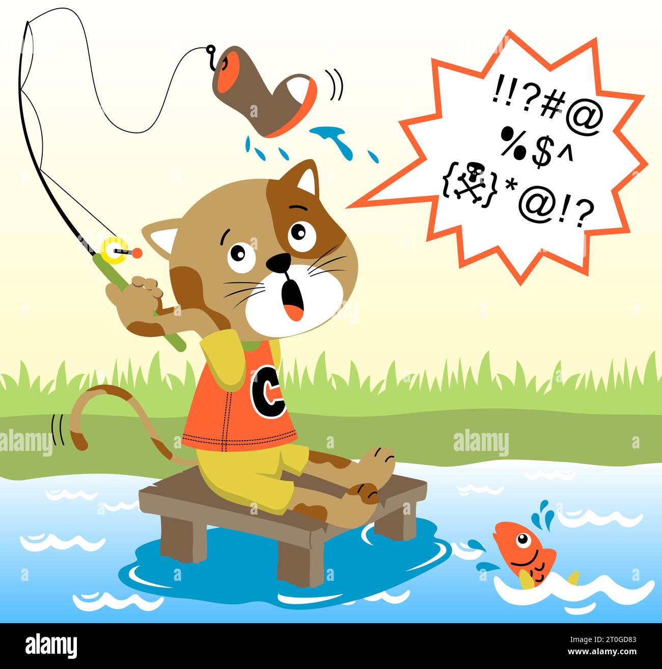 Cat fishing in river gets shoe, fish on water, vector cartoon ...
