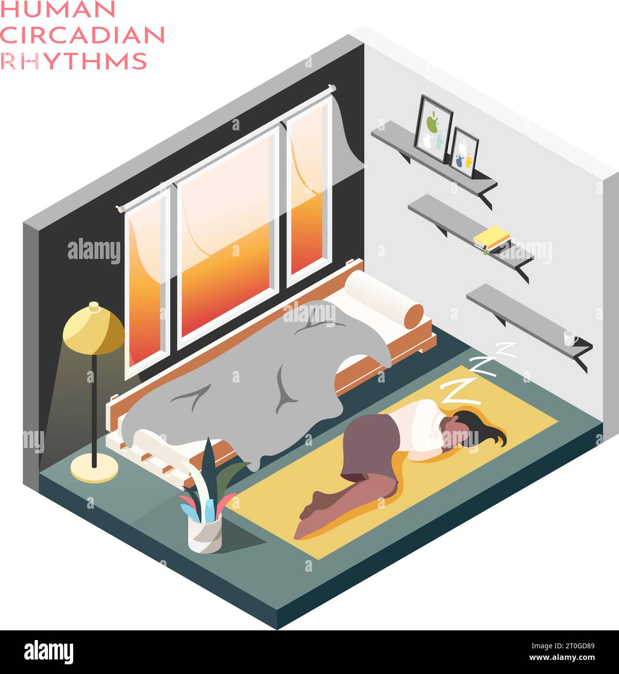 Human circadian rhythms isometric composition with room where business woman sleep on the floor ...