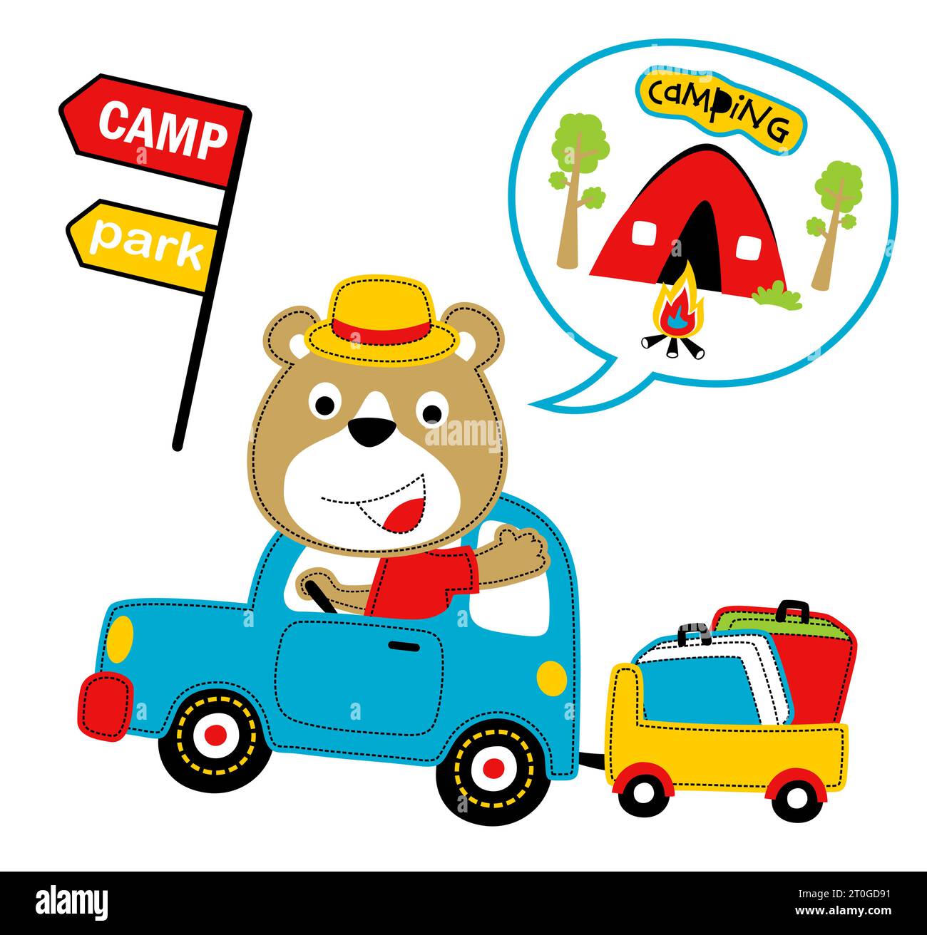 Cute bear driving car puling bags on cart, camping elements, vector ...