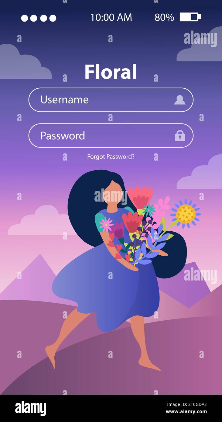 Flat login form on background with girl carrying bunch of beautiful ...