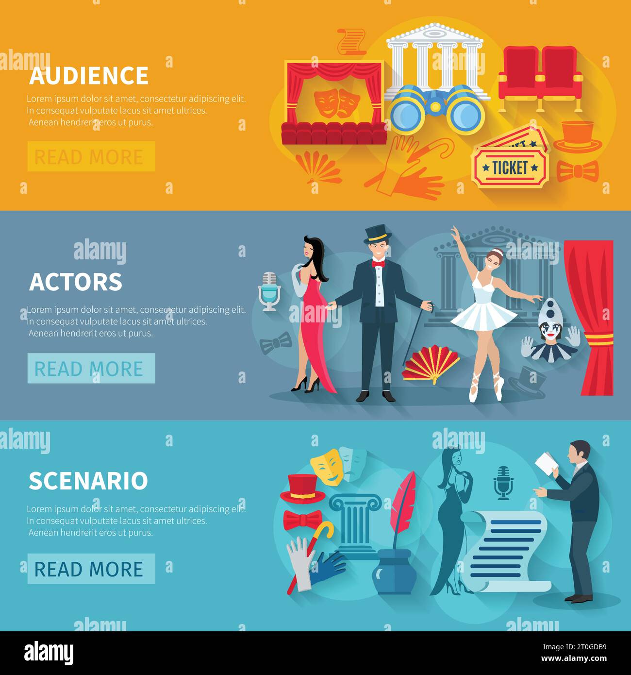 Theater horizontal banner set with audience actors flat elements ...