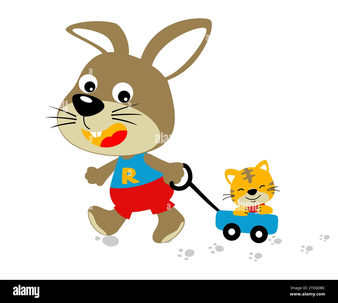 Cute bunny pulling cat with cart, vector cartoon illustration Stock ...