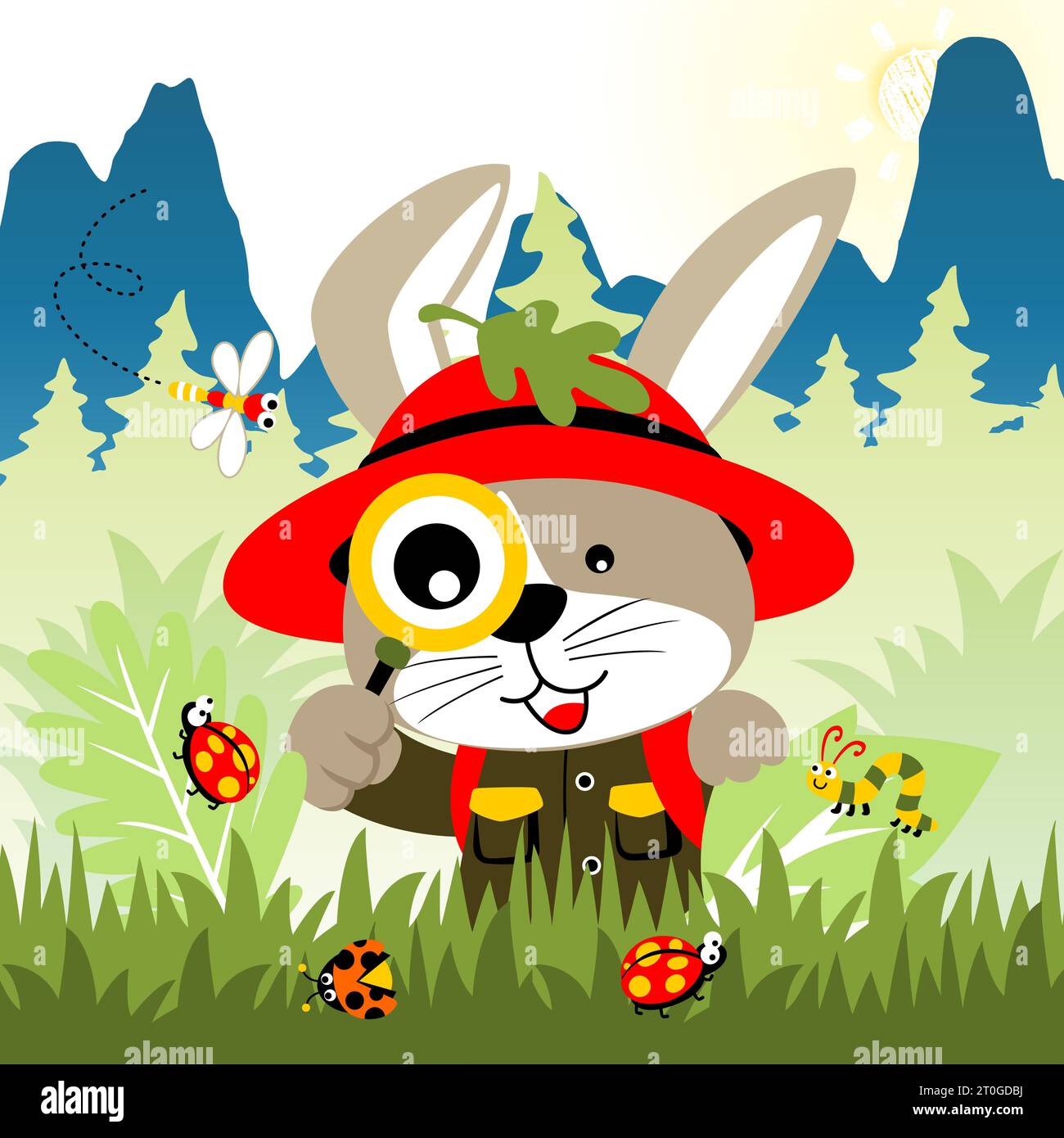 Funny rabbit holding magnifying glass with insects in study, vector ...