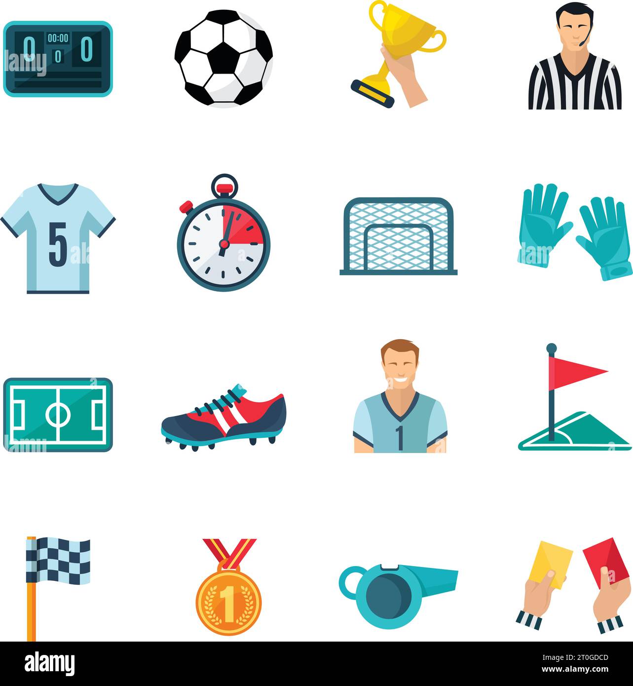 Soccer flat icons set with stopwatch football trophy and whistle ...