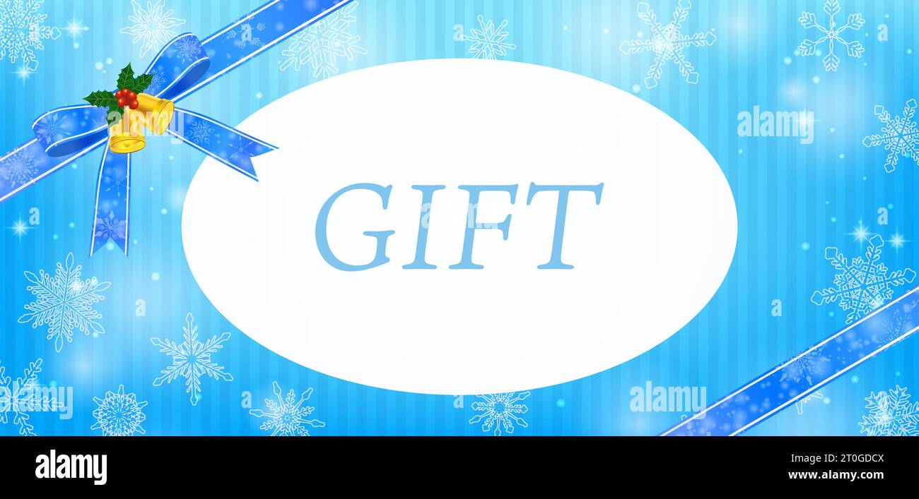 Christmas gift card, blue ribbon with silver lines and snowflake design ...