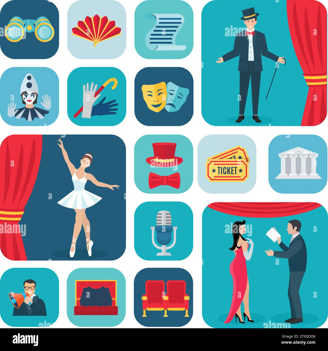 Theater icons flat set with actors and decoration symbols isolated ...