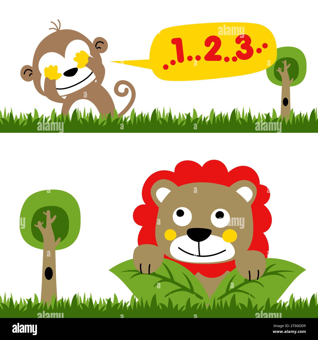 playing hide and seek in jungle with monkey and lion, vector cartoon ...