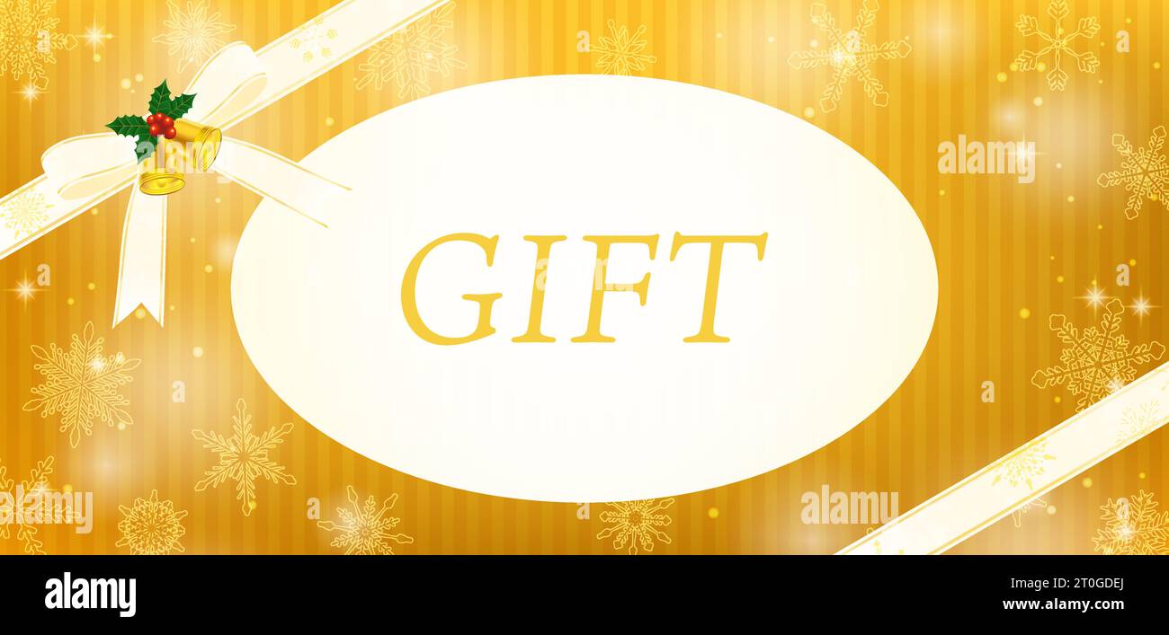 Christmas gift card, red ribbon with gold lines and snowflake design ...
