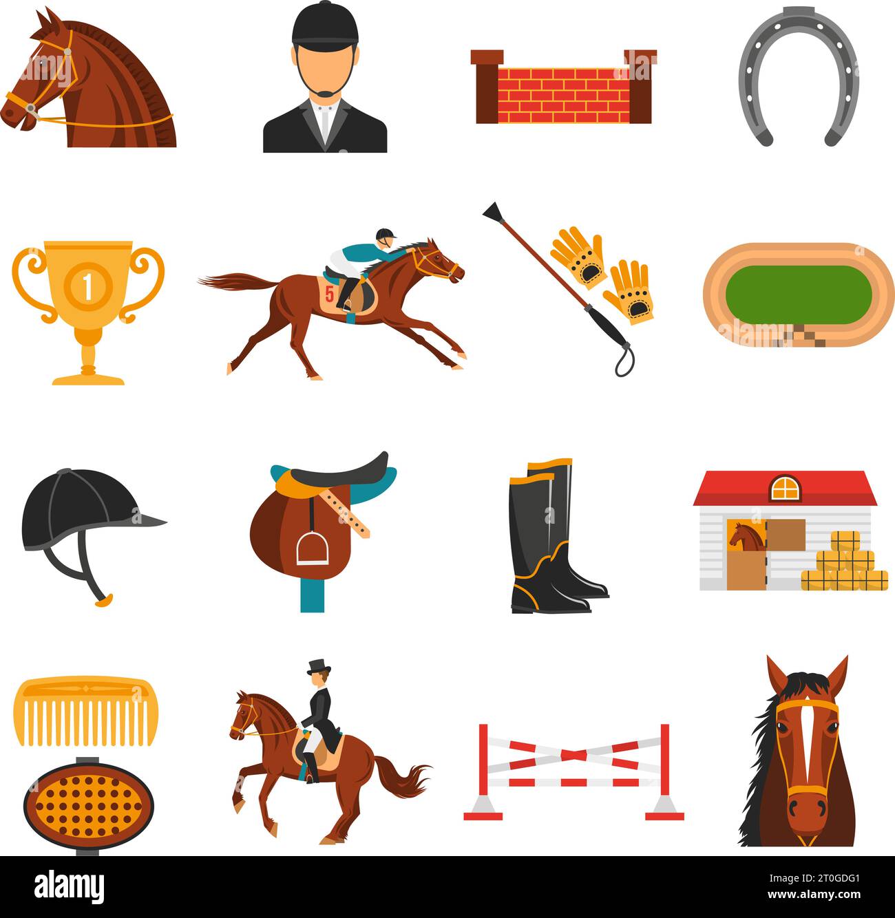 Flat color icons set with equipment for horse riding isolated vector ...