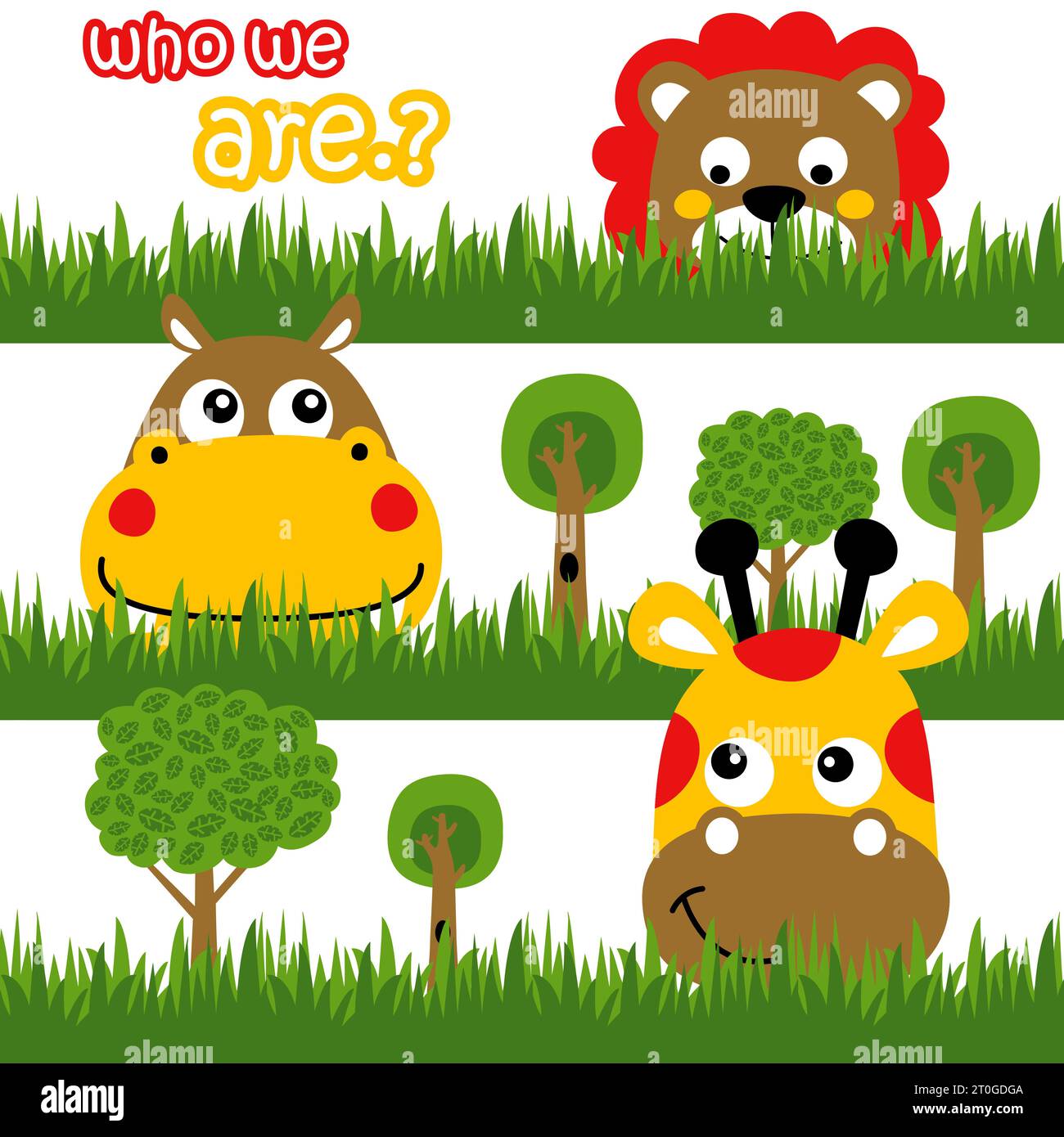 funny animals hiding behind the grass, vector cartoon illustration ...