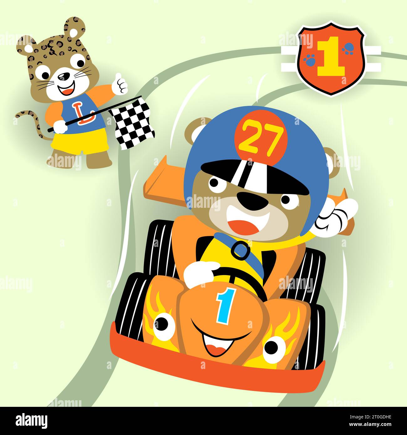 Cute bear on racing car, leopard holding finish flag, vector cartoon ...