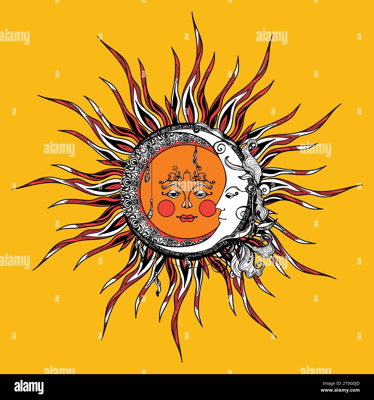 Tribal style sun and moon with antropomorphic face hand drawn vector ...