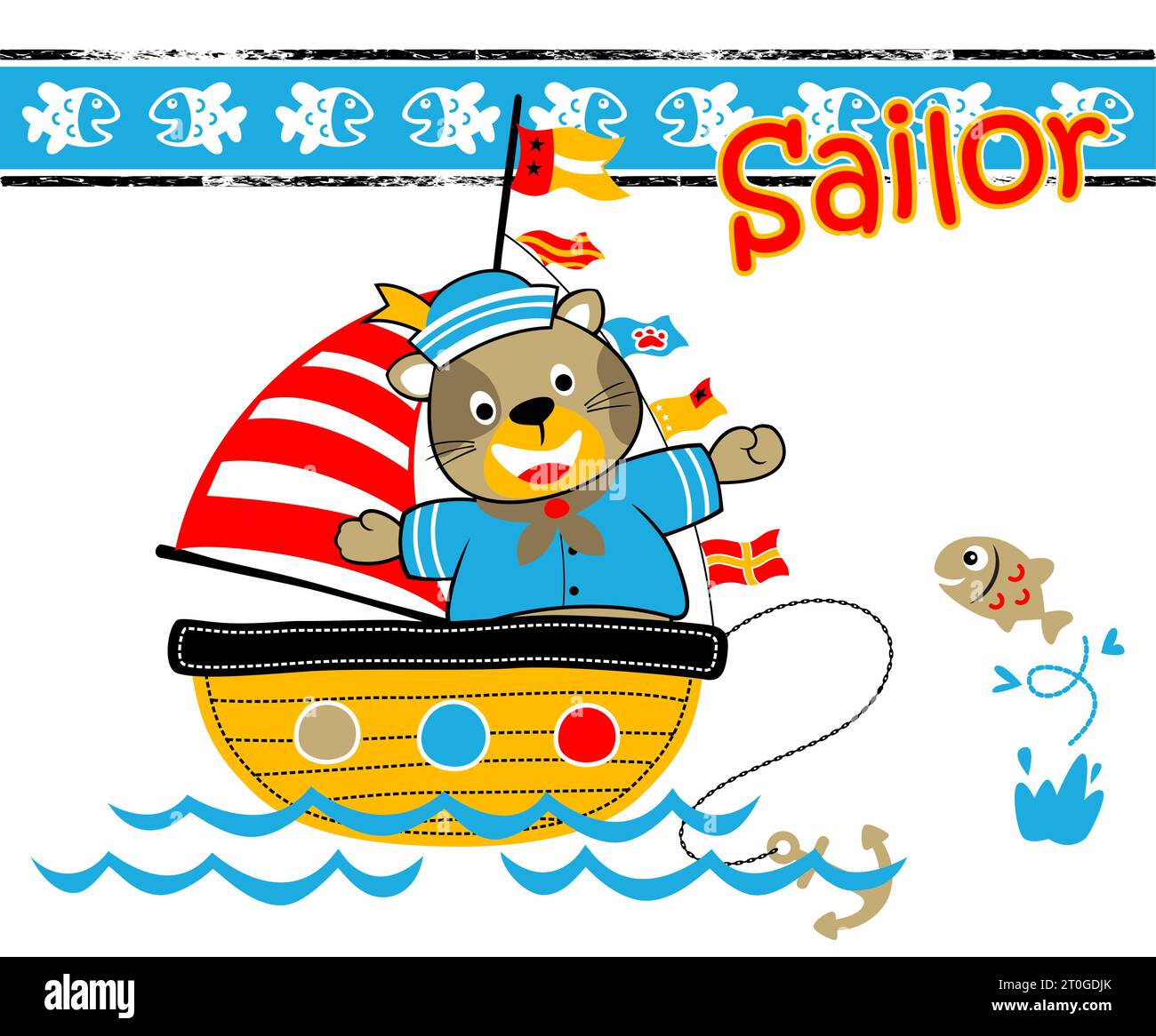 Funny cat in sailor costume on sailboat with a fish, vector cartoon ...