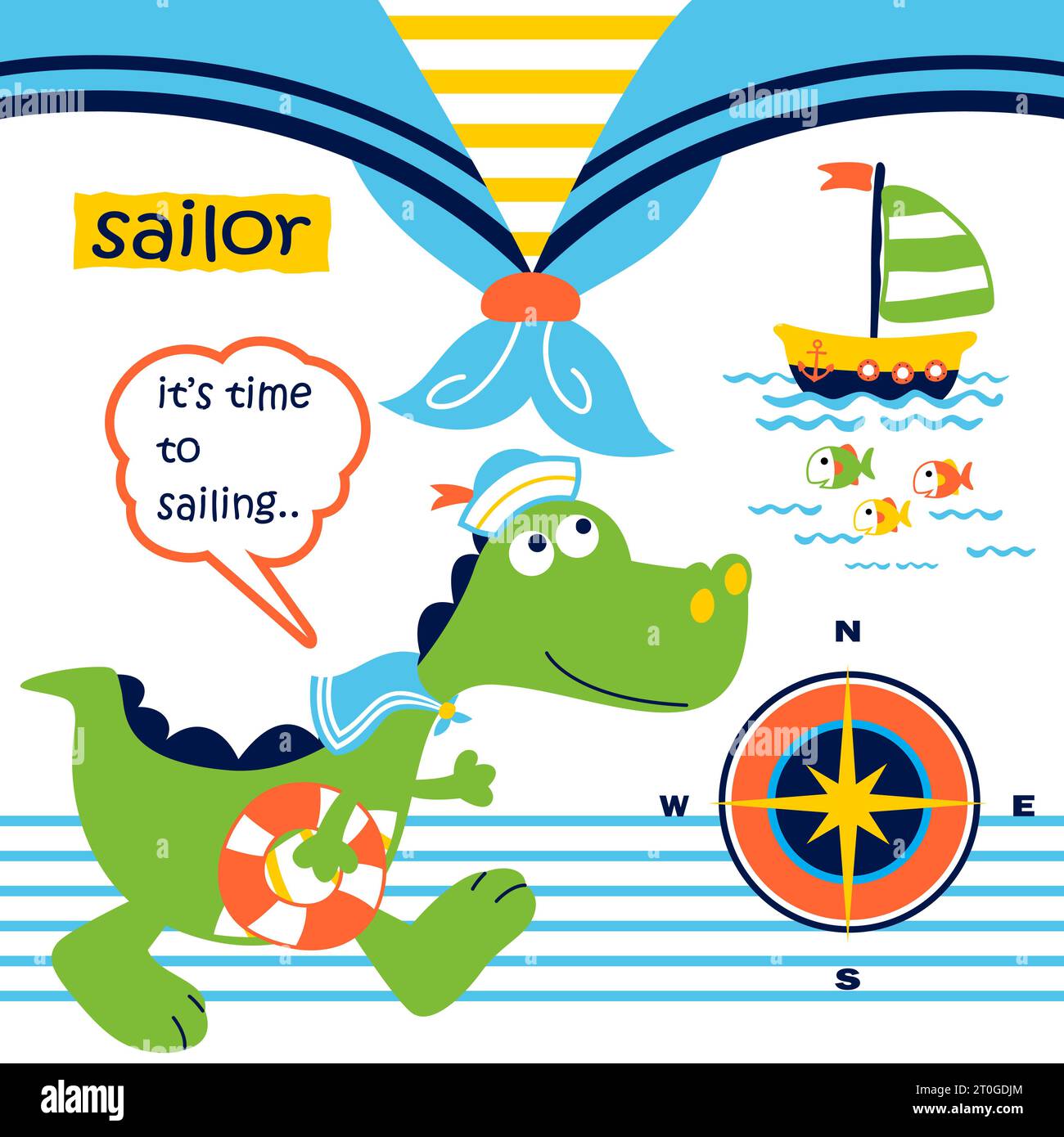 Cute dinosaur the funny sailor with sailing elements, vector cartoon ...