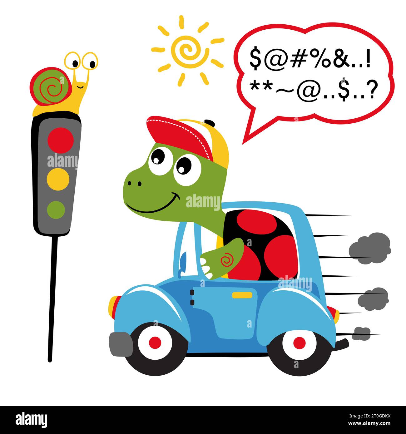 Cute turtle driving car with snail on stoplight, vector cartoon ...
