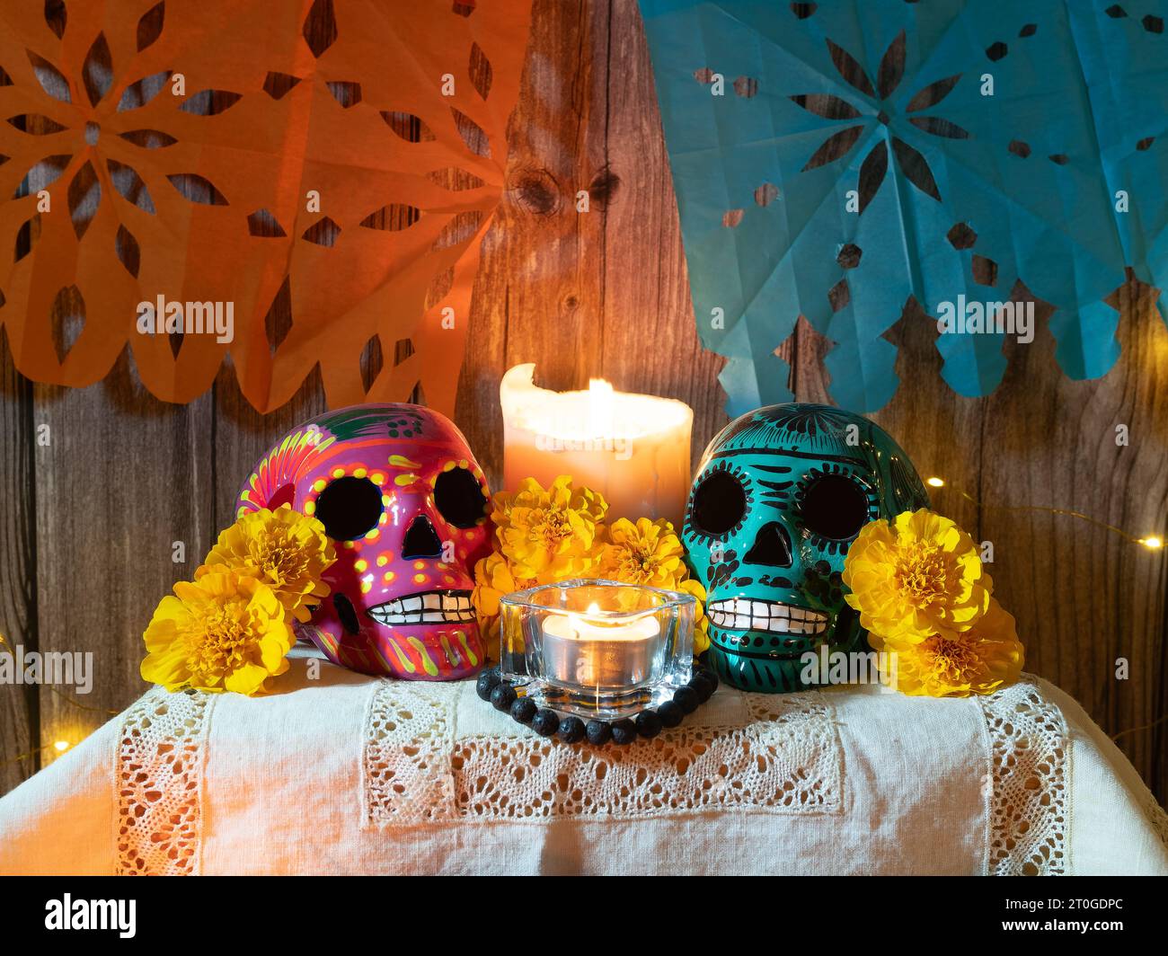 Composition of traditional altar for Mexican day of the dead with skull ...