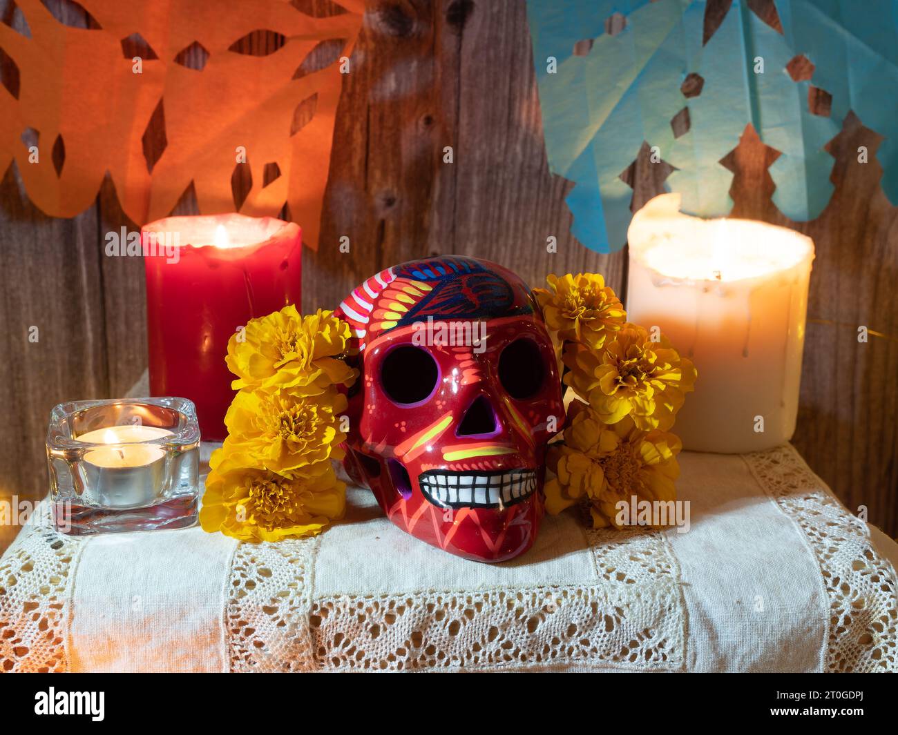 Composition of traditional altar for Mexican day of the dead with skull ...
