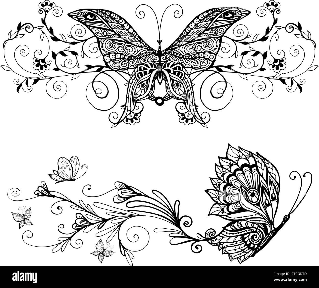 Decorative monochrome butterflies set with floral decoration isolated ...