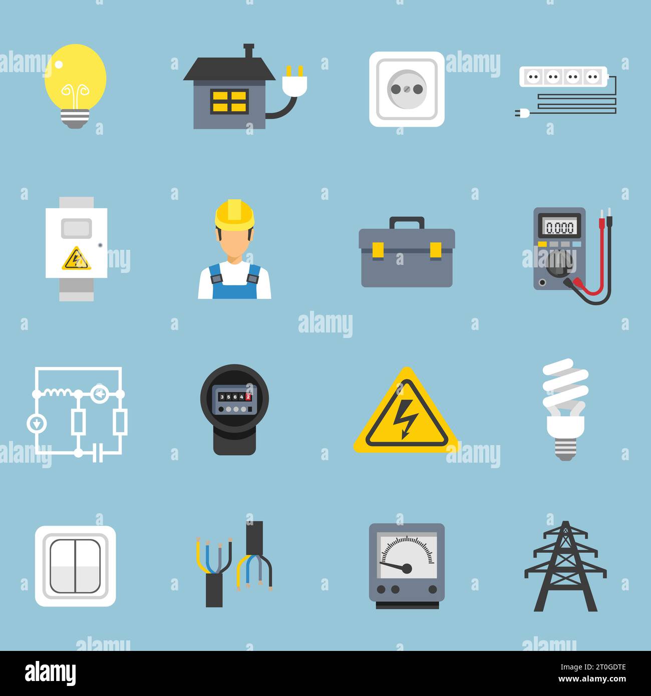 Electricity icons set with current and sockets symbols on blue ...