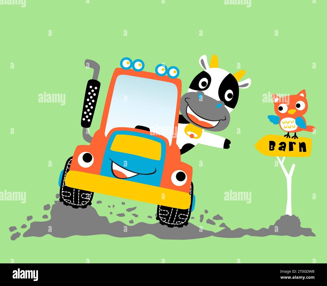 Funny cow driving tractor in farmyard with funny owl, vector cartoon ...