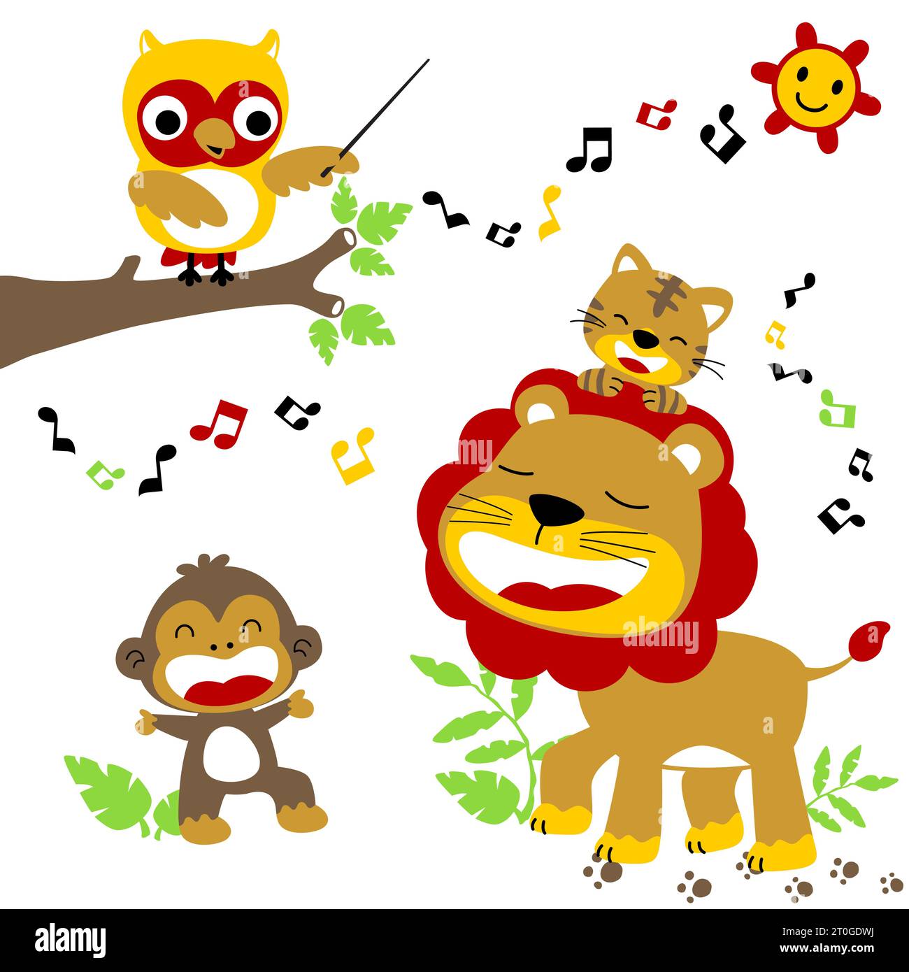 Cute animals singing together in the jungle with smiling sun, vector ...