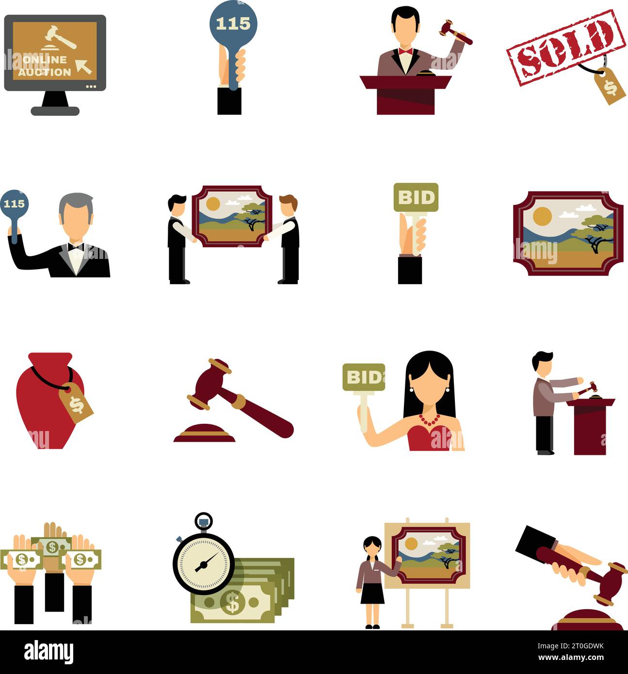 Auction icons set with hammer hands and money symbols flat isolated ...