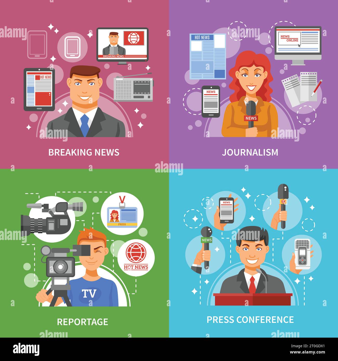 Press concept icons set with breaking news reportage and press ...