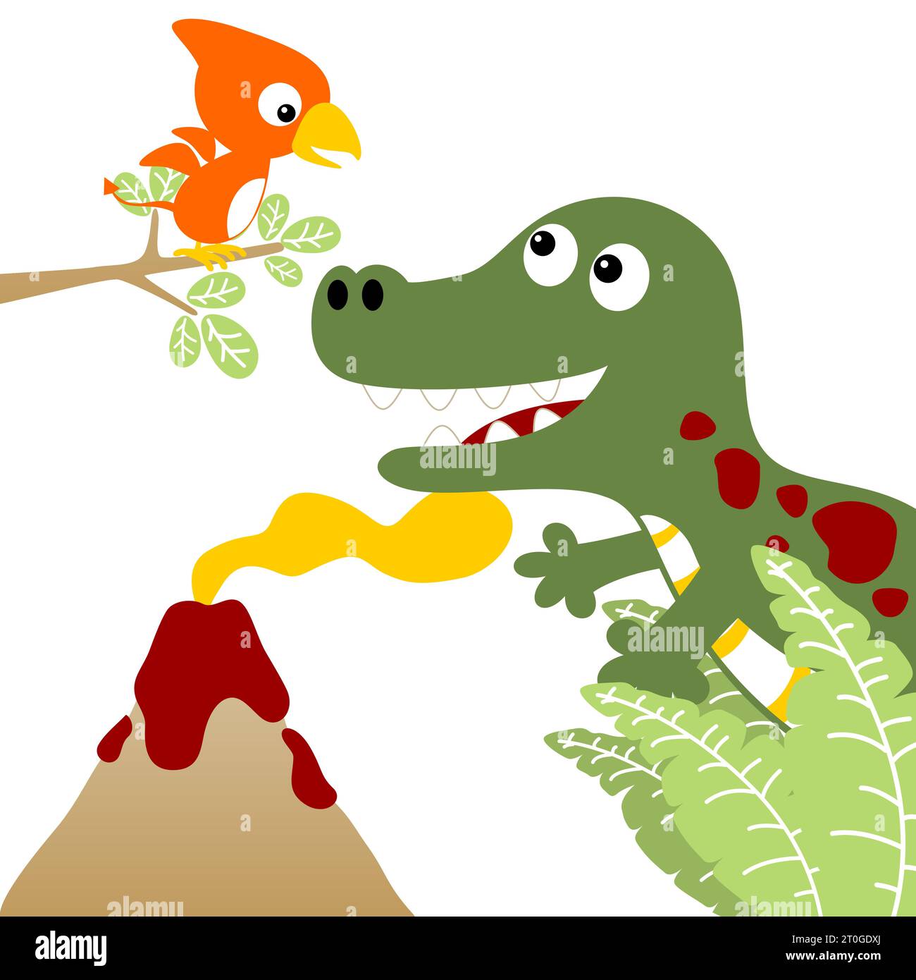 Funny dinosaurs on volcano eruption background, vector cartoon ...