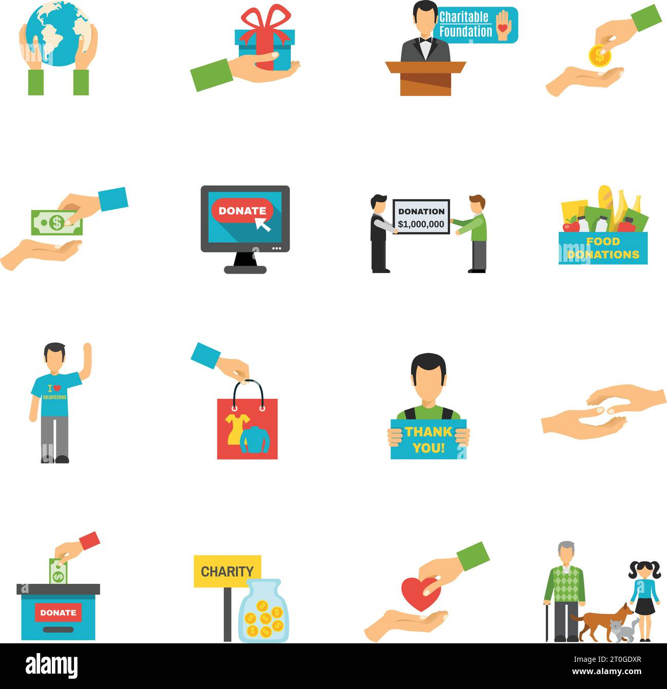 Charity icons set with volunteering symbols flat isolated vector ...