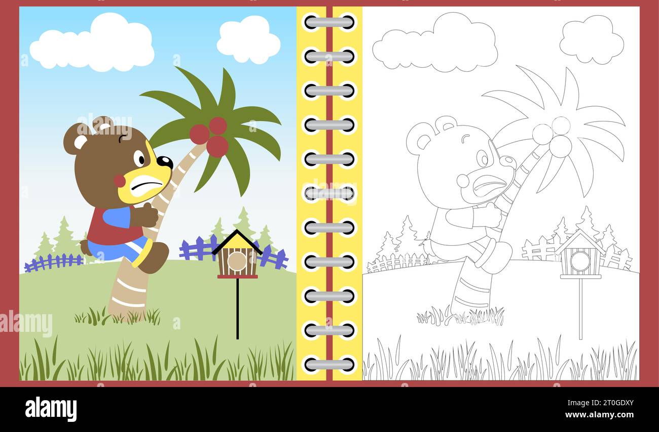 funny bear cartoon climbing palm tree in garden, coloring book or page ...