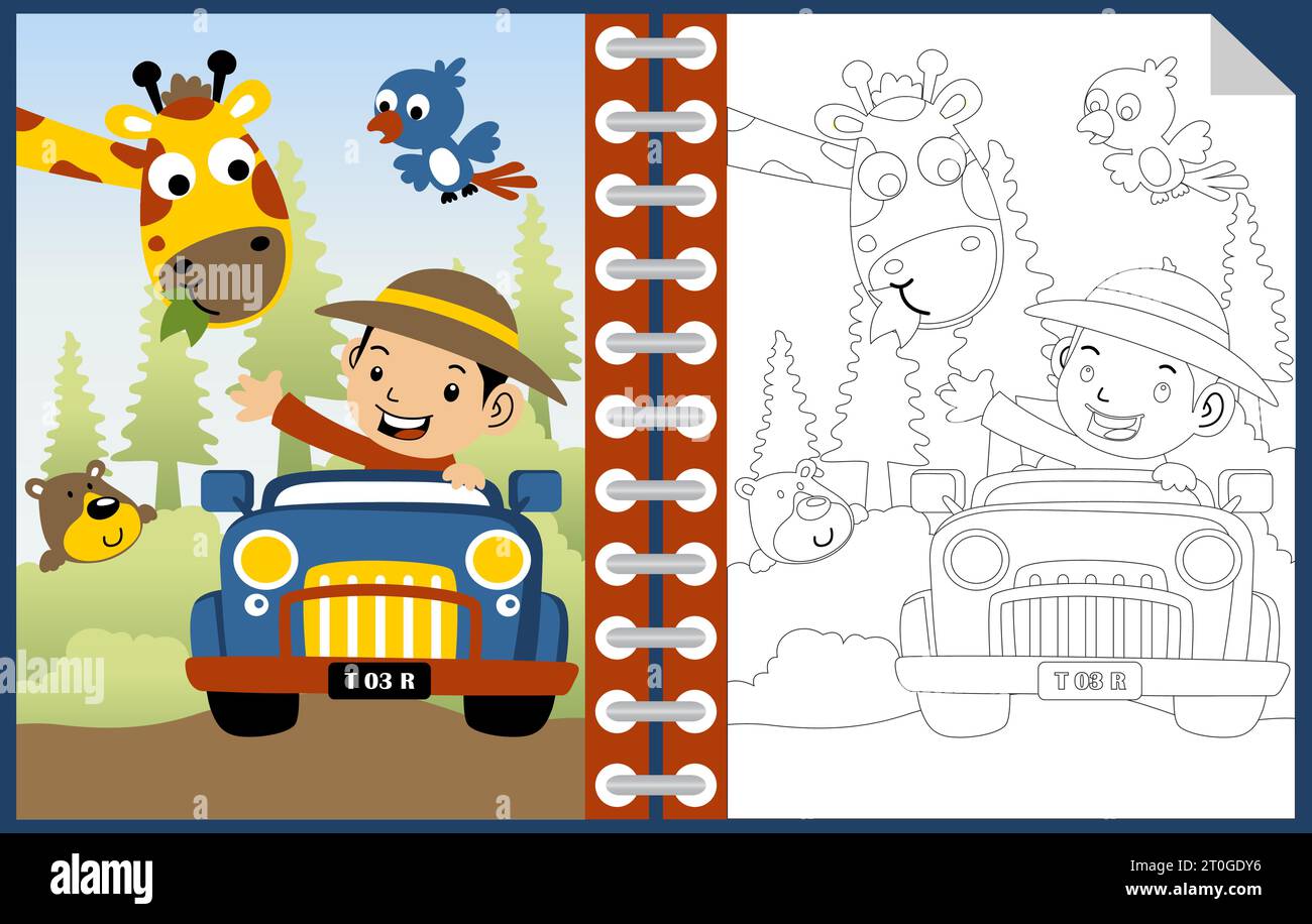 Cartoon boy on car with funny animals in forest, coloring book or page ...