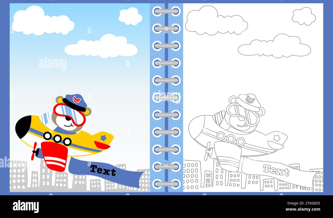 cute bear pilot cartoon on airplane, coloring book or page Stock Vector ...