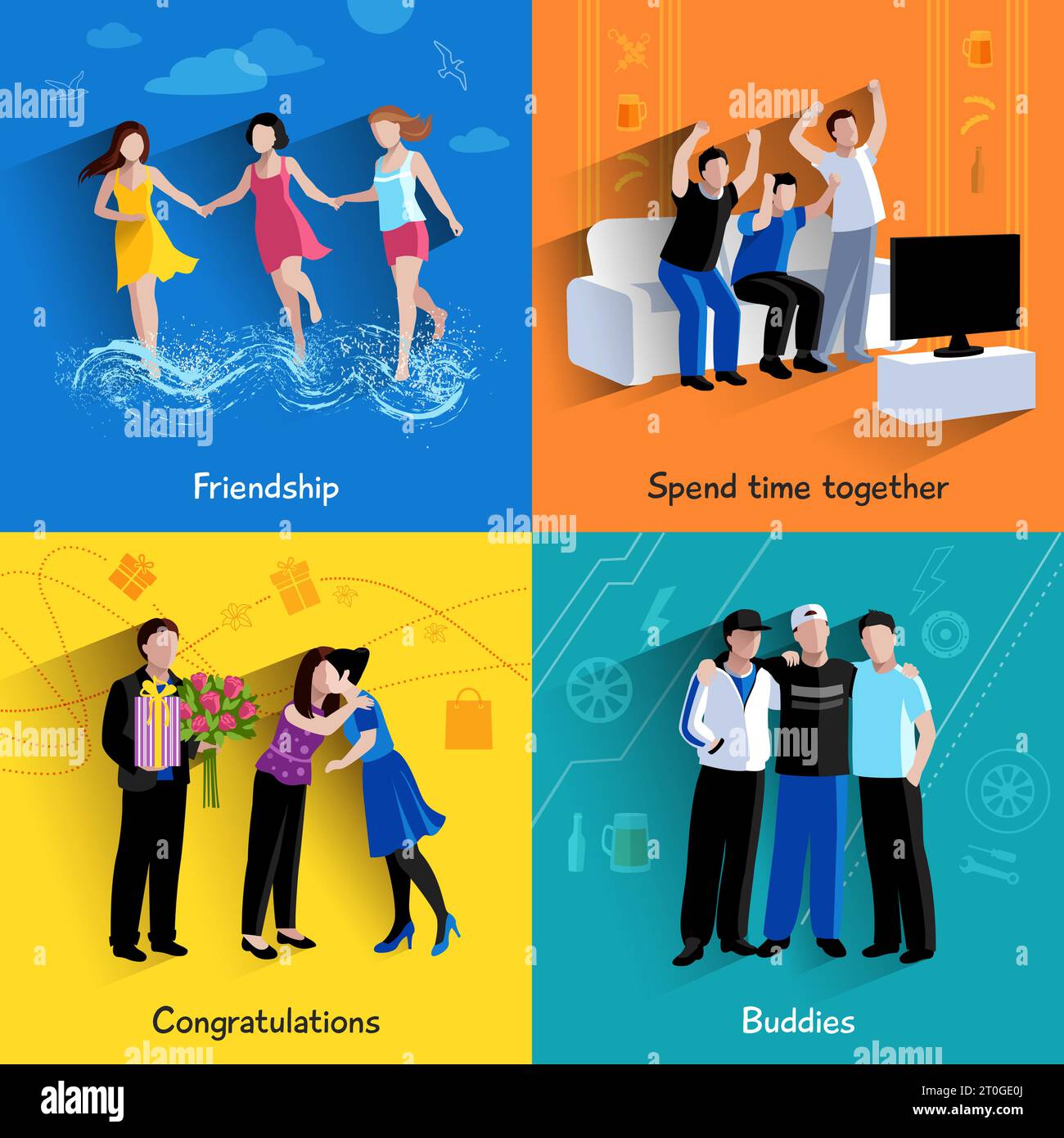 Friends buddies special events celebration and tv watching 4 flat icons square composition ...