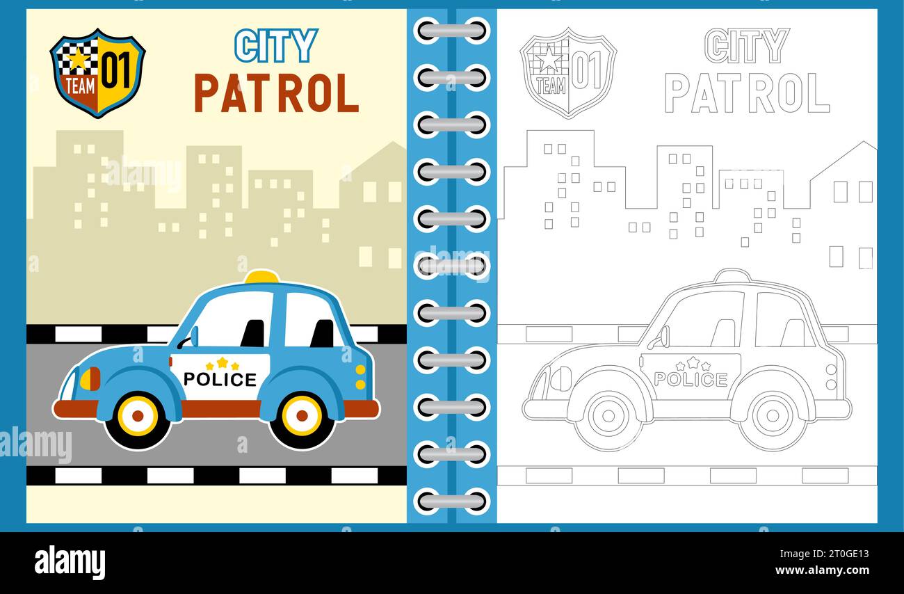 vector cartoon of police car on buildings background, coloring book or ...
