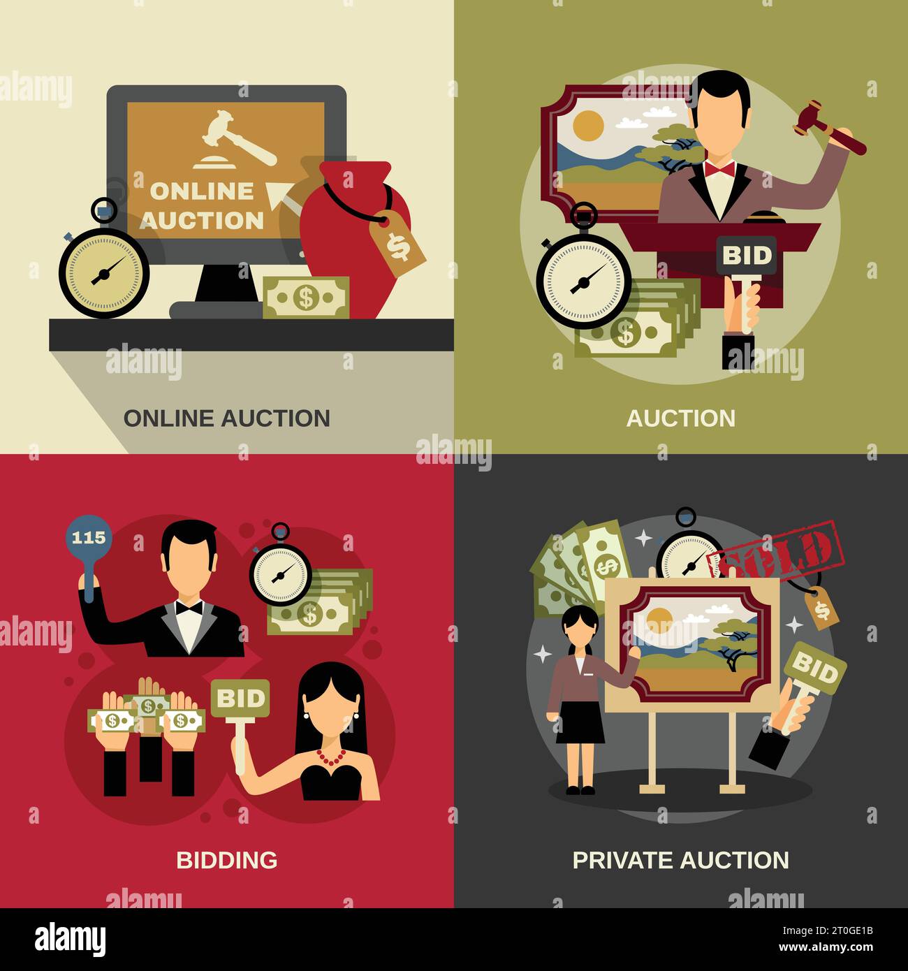 Auction concept icons set with art and bidding symbols flat isolated ...