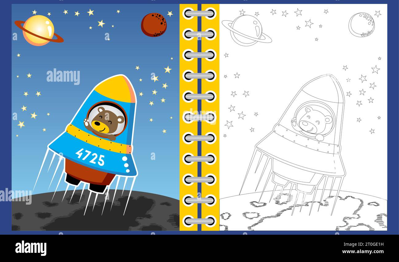 Funny bear astronaut cartoon on rocket in space, coloring book or page ...